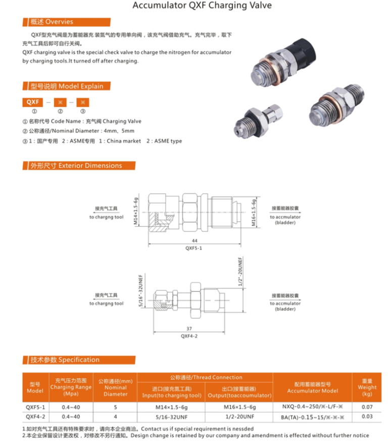 The accumulator USES QXF type charging valve